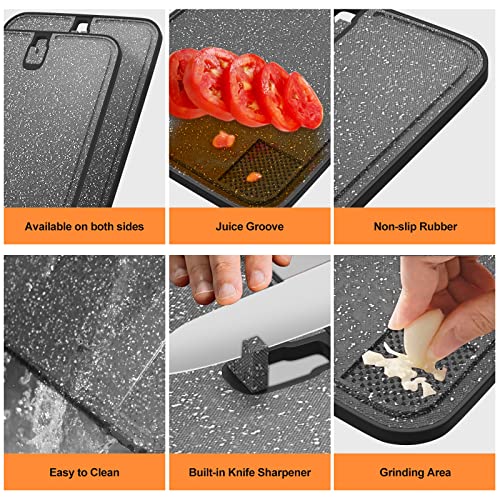 Viretang Plastic Cutting Board, 1 Pieces Dishwasher Safe Cutting Boards for Kitchen with Juice Grooves, Non-Slip, Reversible and Knife-Friendly with Built-in Sharpener & Grinding Area(Black)