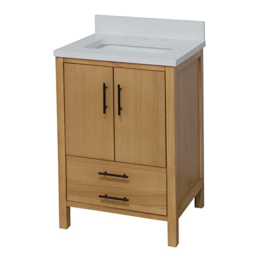 California 24-inch Bathroom Vanity (Matte White/Blonde): Includes Blonde Cabinet with Matte White Countertop and White Ceramic Sink