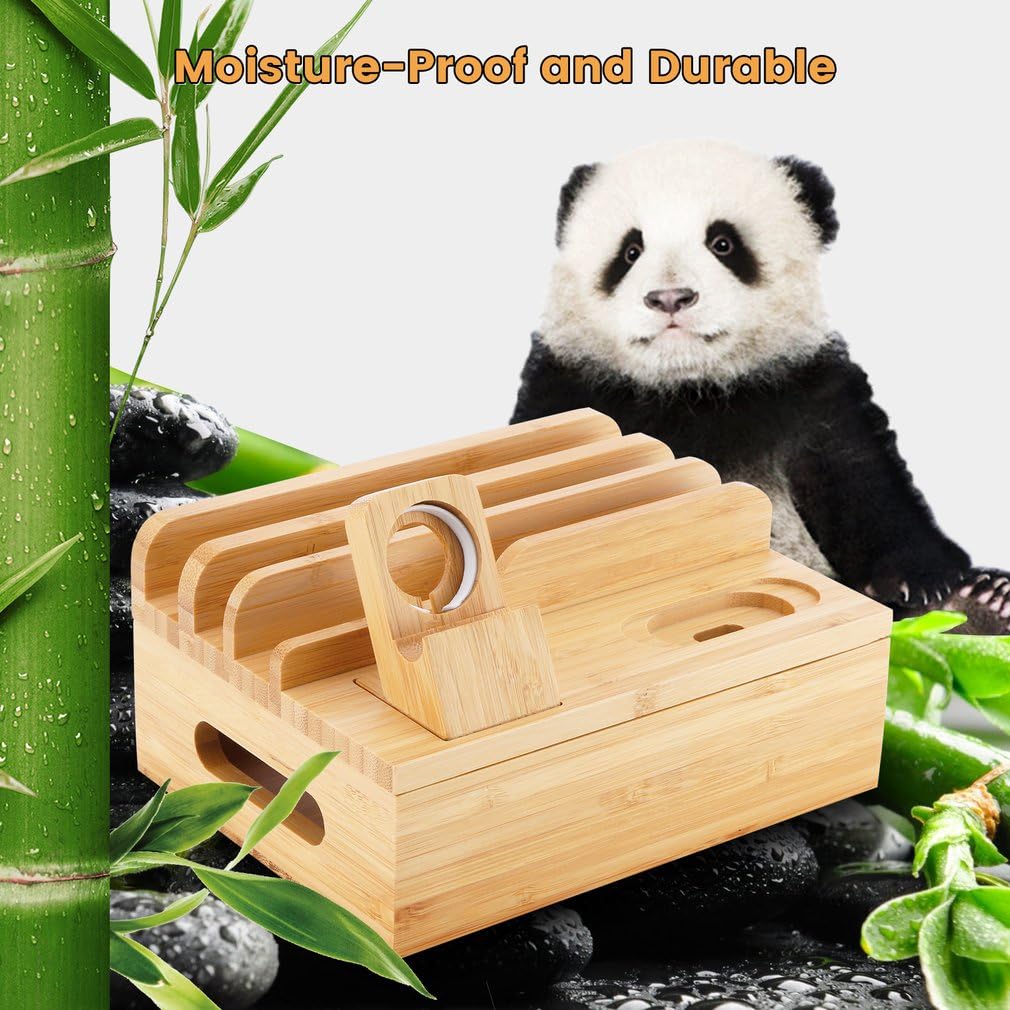 Bamboo Charging Station for Apple Multiple Devices Wood Desk Organizer and Accessories,Desk Drawer Organizer Extended Port Cell Phone Docking Station for iPhone Ipad Apple Watch Airpods