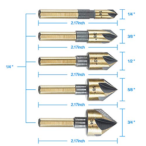 Countersink Drill Bit Set, 5 Pieces High Speed Steel 82 Degree 5 Flute 6mm Round Shank Mill Cutter Bit Countersink in Sizes 1/4” 3/8” 1/2” 5/8” 3/4” Set with Carrying Case.