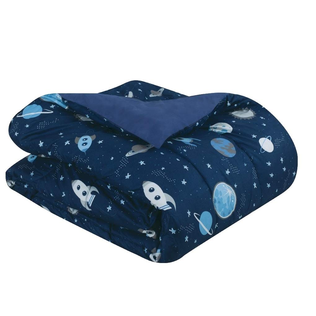 MISC Navy Kids Outer Space Comforter Set Full, Spaceship Bedding Galaxy Saturn Earth Planet Star Sun Rocket Stardust Spaceship Astronomy Themed Universe Outerspace Adventure Blue 4 Piece, Microfiber