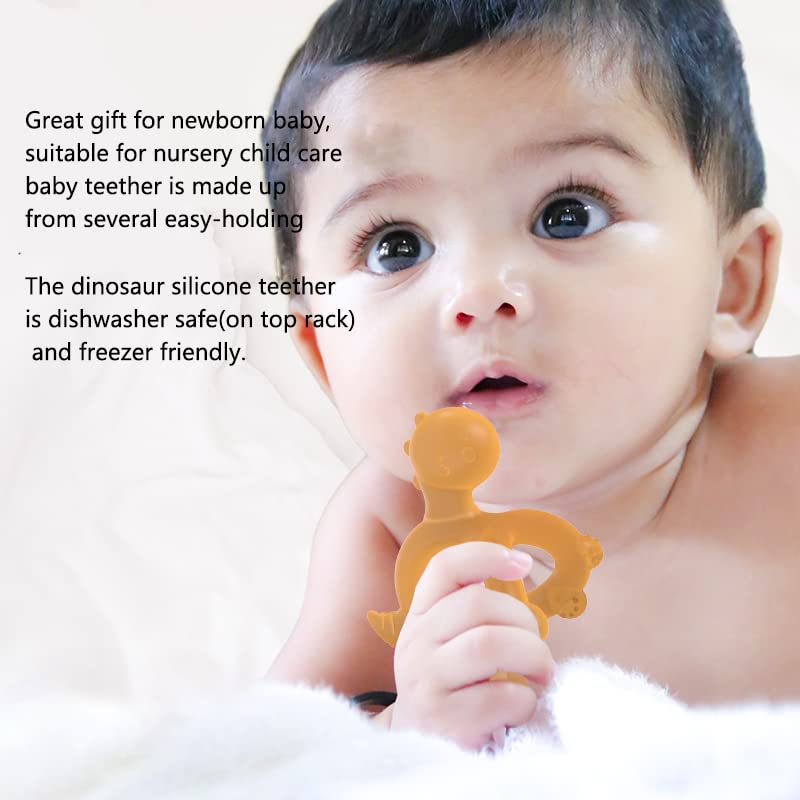 BIGSPINACH 3D Dinosaur Chew Teething Rings for Babies 0-24 Months with Pacifier Clip, Bpa Free Food Grade Silicone Teething Toys, Hand Teethers for Babies (Beige)