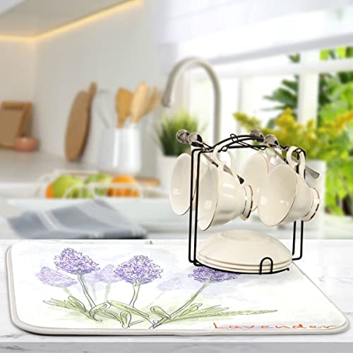 Blue Lavender Violet Flowers Dish Mat Dish Drainer Pads Dish Drying Pad for Kitchen Counter Kitchen Heat Resistant Mat 16 x 18