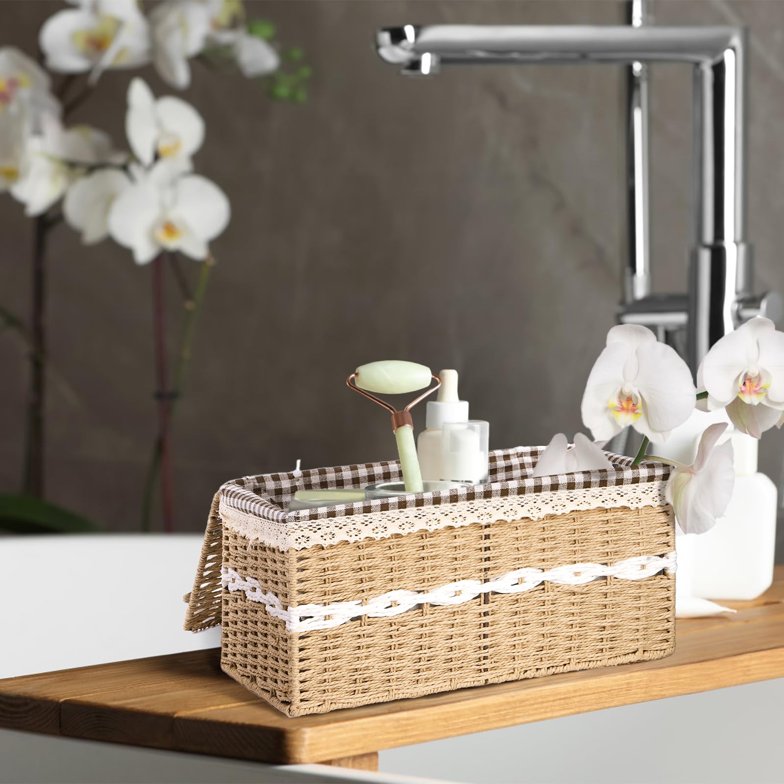 Coloch 2 Pack Paper Rope Woven Storage Basket with Lid, Decorative Wicker Storage Bins with Removable Liner Stackable Shelf Baskets for Countertop, Toys, Towels, Small Household Items, 2Sizes