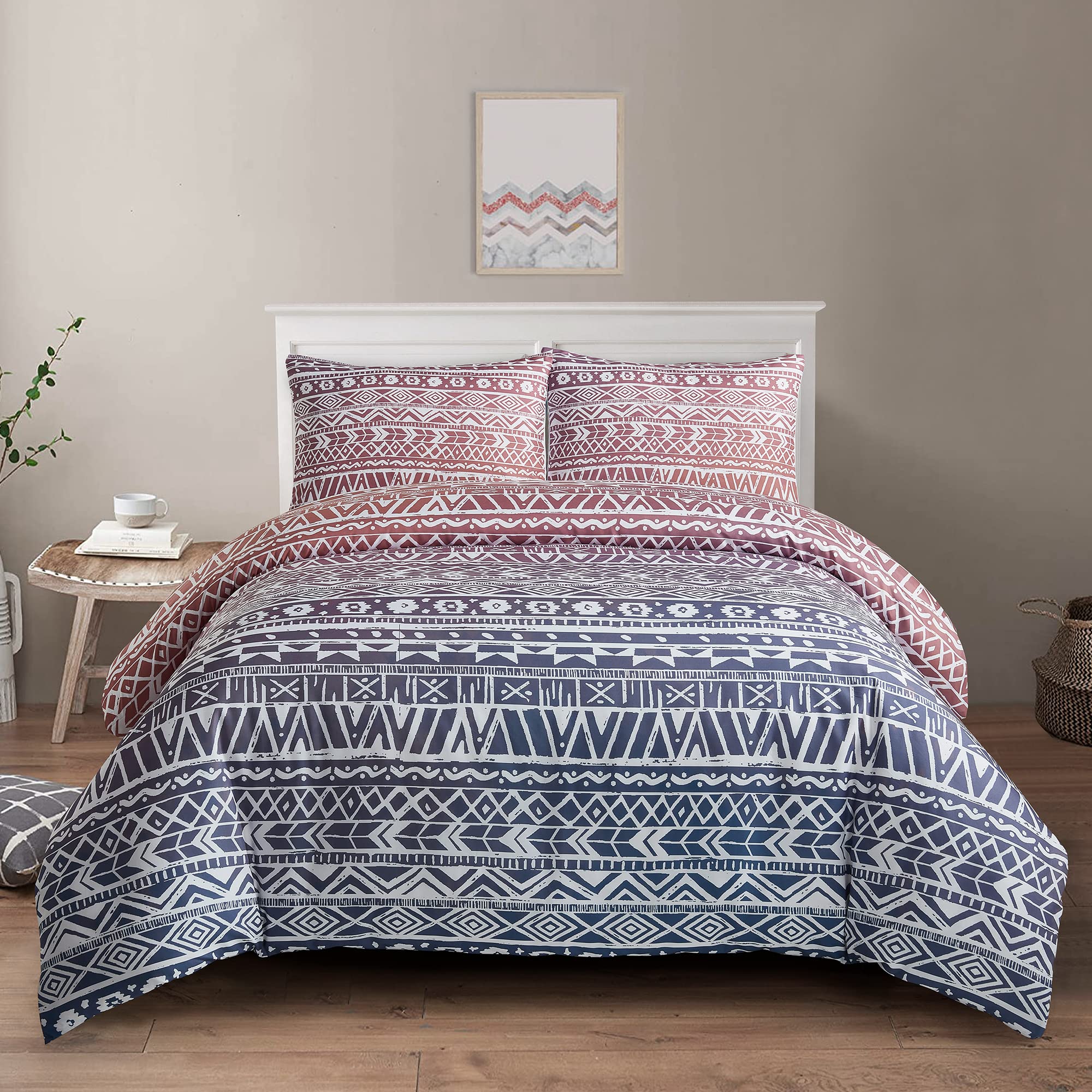 Style Quarters 3PCS Boho Duvet Cover Queen Pink and Blue Includes 1 Duvet Cover + 2 Shams Gradient Boho Duvet Cover