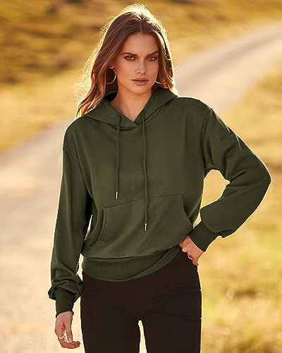 BTFBM Women's Casual Long Sleeve Cropped Hoodies Pullover Fall Winter Fashion Drawstring Sweatshirts Tops Pockets(Solid Army Green, Large)
