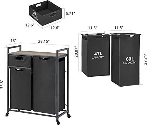 CUANBOZAM Laundry Hamper Cart, 130L Laundry Basket Laundry Sorter 2 Section, Removable Laundry Bags, Pull-Out Laundry Sorter, Metal Frame, Clothes Hamper for Bathroom, Dorm, Laundry Room