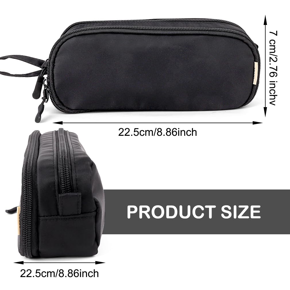 iSuperb 2 Compartments Pencil Case Zippered Pencil Pouch With Handle Big Large Capaciy Aesthetic Organizer Canvas & Nylon Pen Bag Handbag for Travel Office Stationary (Black)