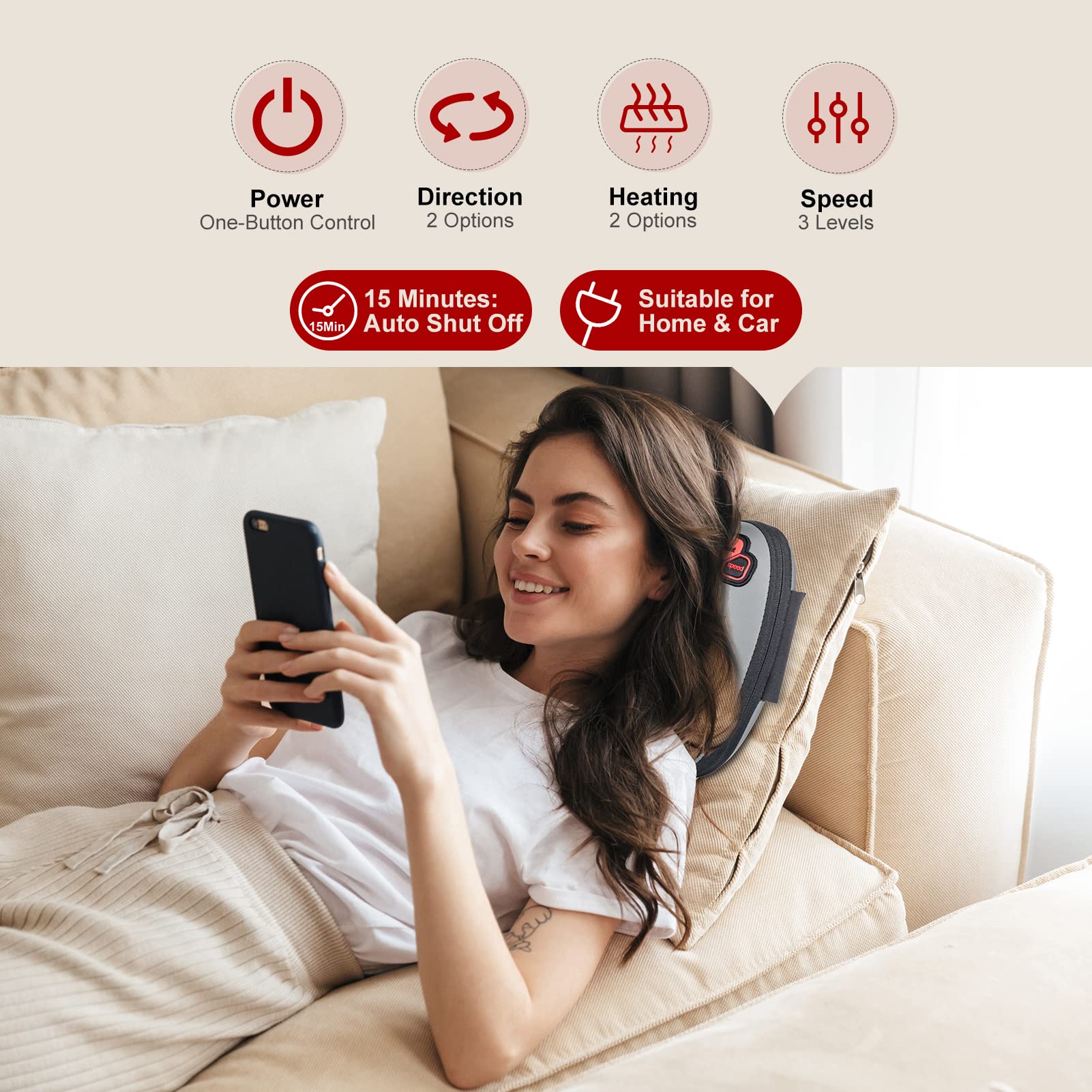 Back Massager Massage Pillow with Heat, Shiatsu and Deep Tissue Kneading for Shoulder, Lower Back and Muscle Pain Relief, Relaxation in Car Home and Office