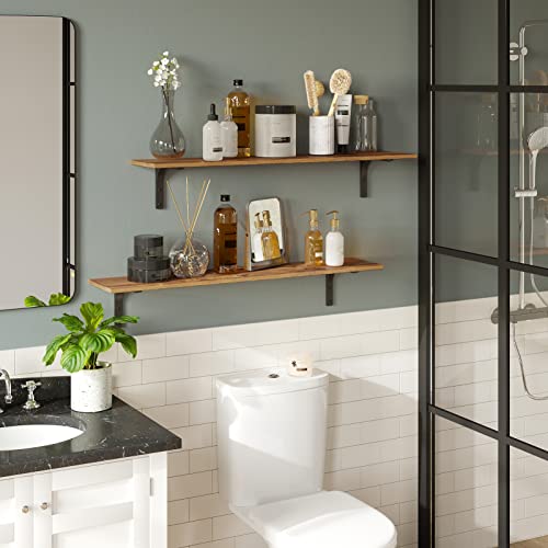 DINZI LVJ Long Wall Shelves, 39.4Inch Wall Mounted Shelves Set of 2, Extra Large Wall Storage Ledges with Sturdy Metal Brackets for Living Room, Bathroom, Bedroom, Kitchen, Rustic Brown