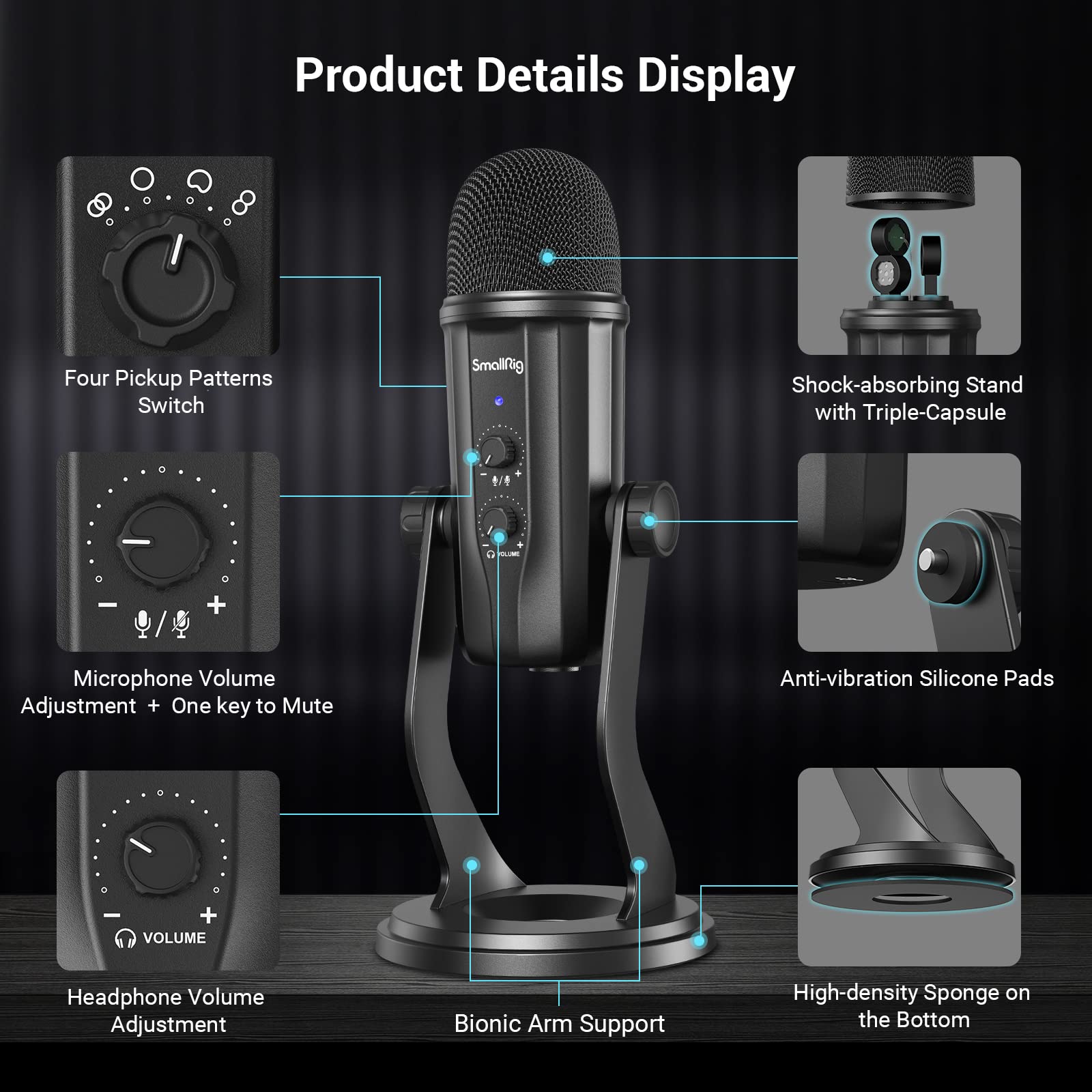 SmallRig U60 All Metal USB Microphone PC Streaming Microphone, Gaming Mic for PC,PS5 & Mac, 4 Pickup Patterns, Shock Mount and Adjustable Stand, Gain Control for Recording, Plug and Play, Black - 3466