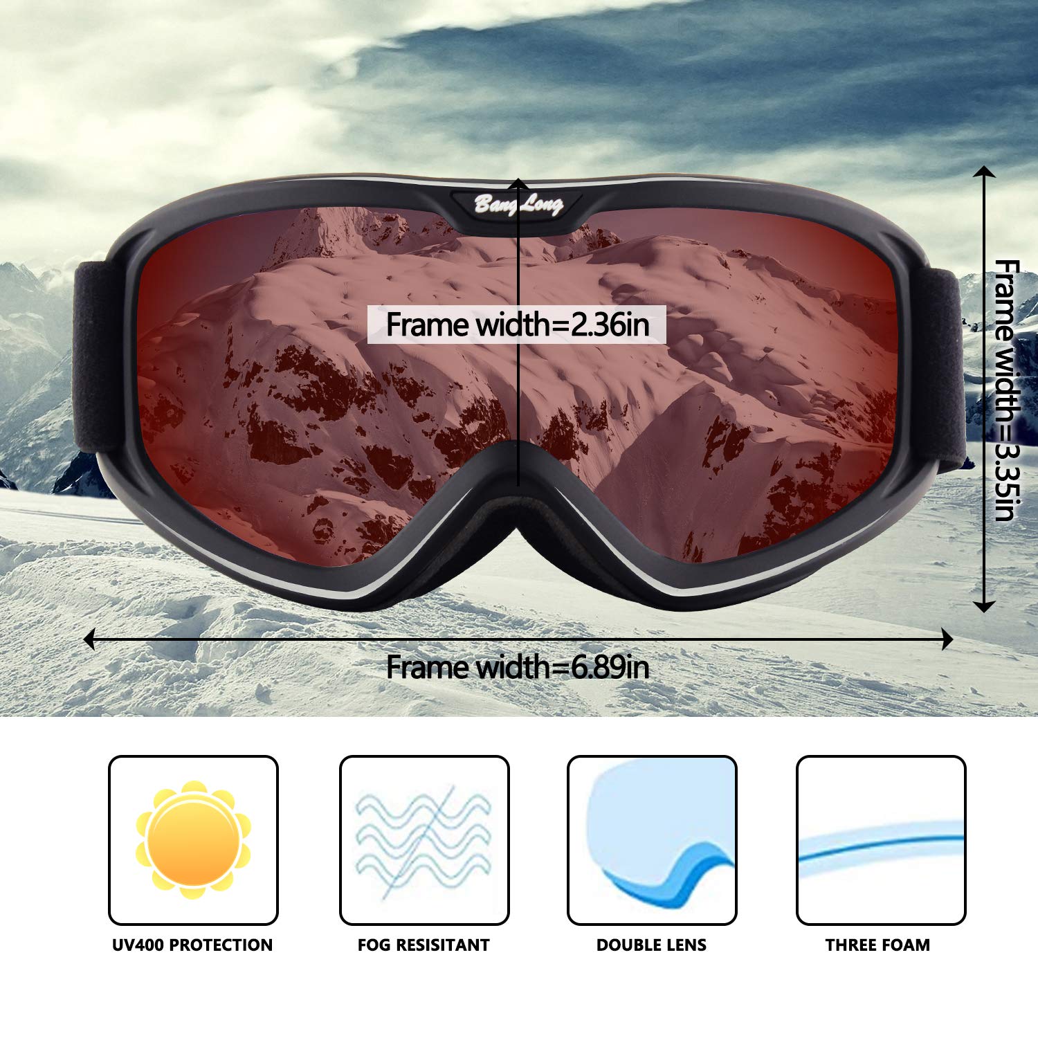 BangLong Ski Goggles, Snowboard/Ski Goggles Anti Fog UV Protection Design for Men Women Skating, Skiing, Snowmobile