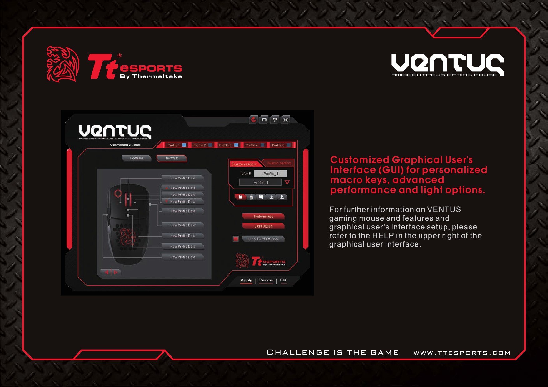 Thermaltake Tt Esports Ventus Ambidextrous Laser Gaming Mouse with 3-Zone Red LED Illumination, 7 Programmable Buttons, 5700 DPI Sendor, Graphical Configuration Interface