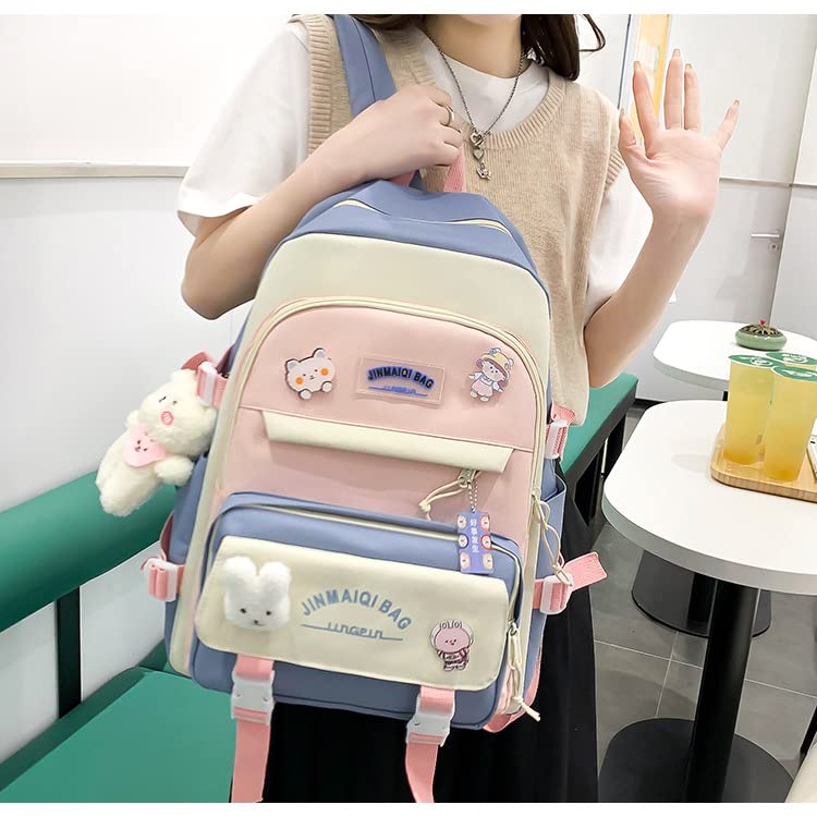 DAHUOJI Kawaii Backpack Set 5pcs Aesthetic Backpack for School Teens Girls Daypack Large with Pendants and Pins, Pen Case, Tote Bag, Small Bag(Blue)