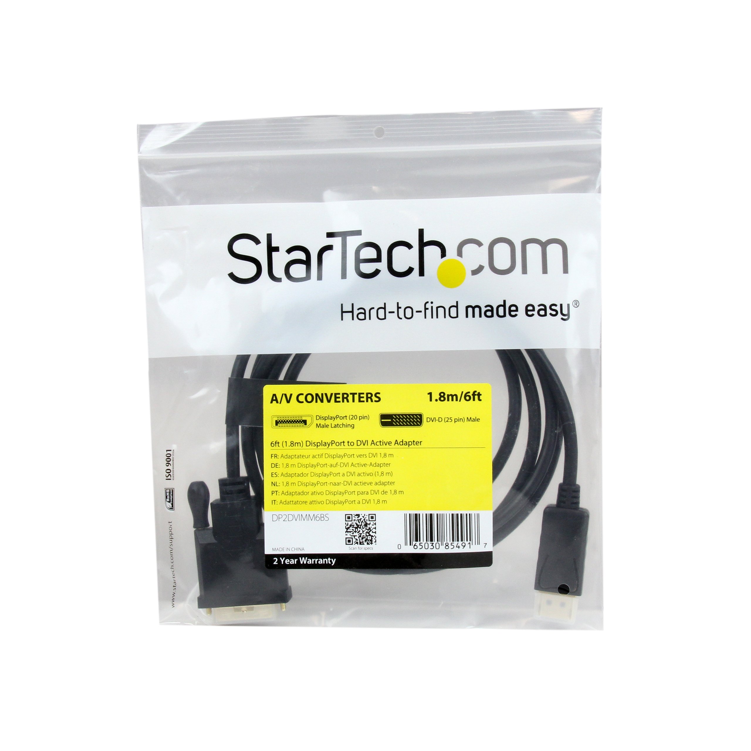 StarTech.com 6ft (1.8m) DisplayPort to DVI Cable - 1080p Video - Active DisplayPort to DVI Adapter Cable - DisplayPort to DVI-D Cable Single Link - DP 1.2 to DVI Monitor Cable Converter (DP2DVIMM6BS), Black