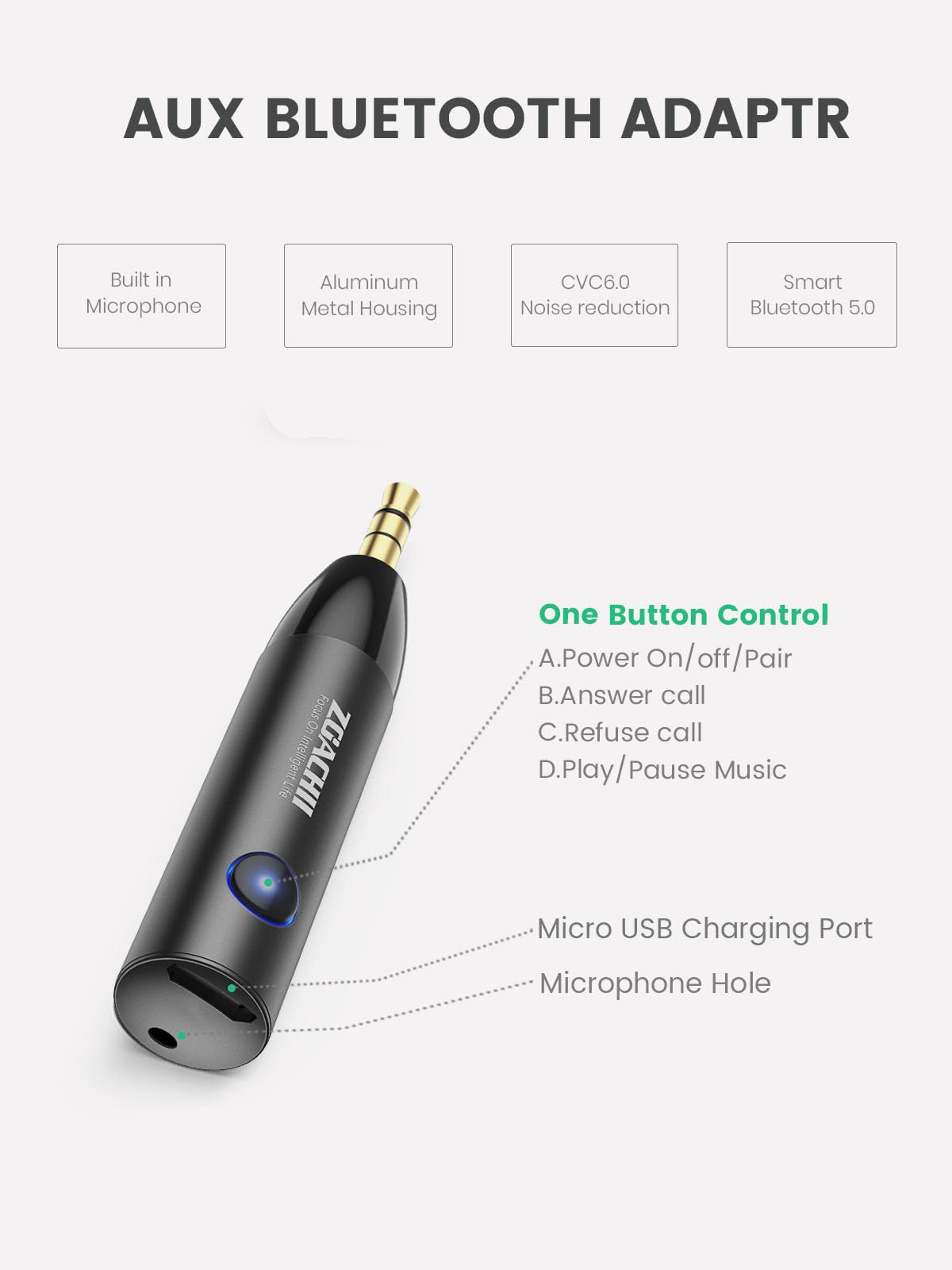ZOACHII Bluetooth Aux Adapter for Car, Wireless Bluetooth 5.0 Audio Receiver with 3.5mm Jack for Vehicle Truck Home Stereo Speaker Headphone Music Streaming, Handsfree Calling, [1 Piece]