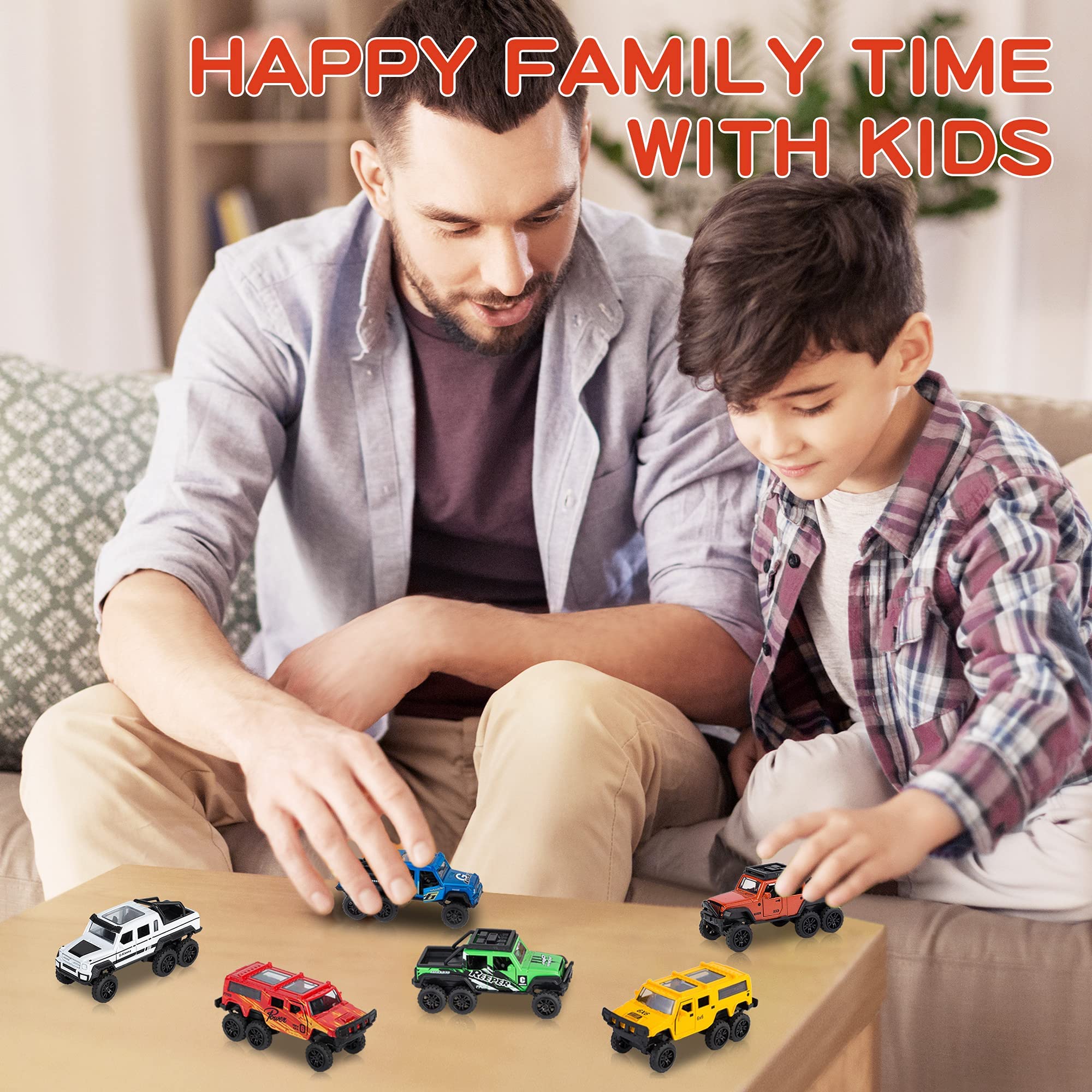 KIDAMI Diecast Toy Trucks 4 Pack Pull Back Toy Cars Openable Doors Off-Road Car Toys Birthday Gift for Boys and Toddlers (Original)