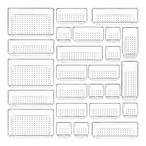 FRANIKAI 25 PCS Clear Plastic Drawer Organizer Set with 4 Sizes, Vanity Desk Drawer Divider & Makeup Organizer, Bathroom, Kitchen, Office Desk & Jewelry Organizer, Cabinet Storage Bins Divider Plastic Drawer Organizer of 25 PCS , Set 4 Sizes for Bathroom,