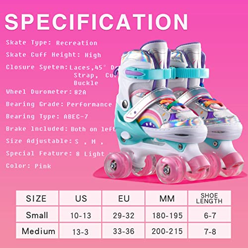 ERNAN Roller Skates,4 Size Adjustable Toddler Roller Skates with Light up Wheels for for Kids Girls & Boys (Medium(13C-3Y US), New Pink)