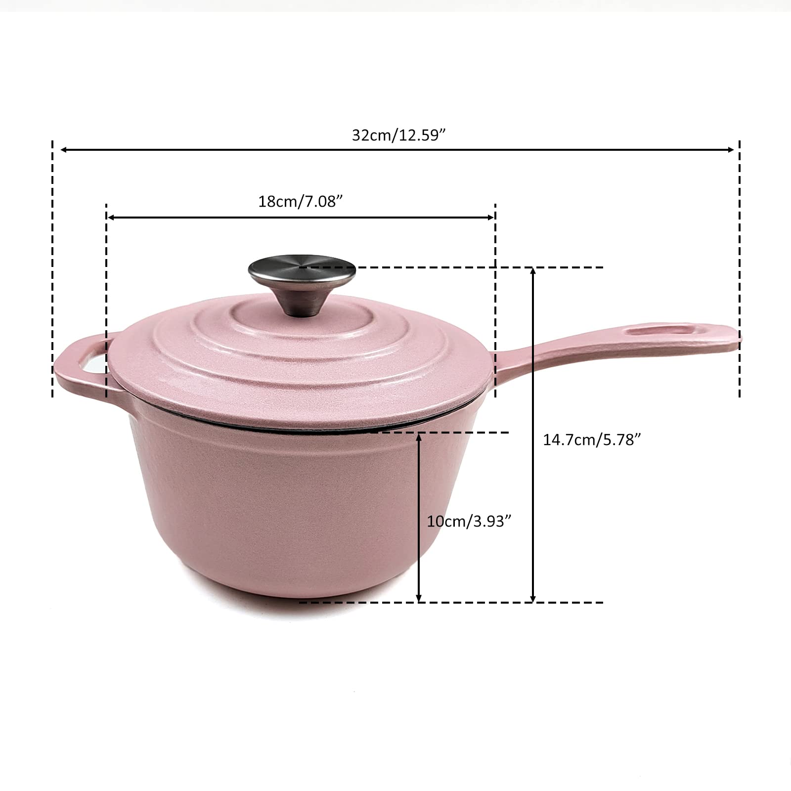 HAWOK Enameled Cast Iron Saucepan, 2QT Saucepan with Lid and Long Handle, Pink