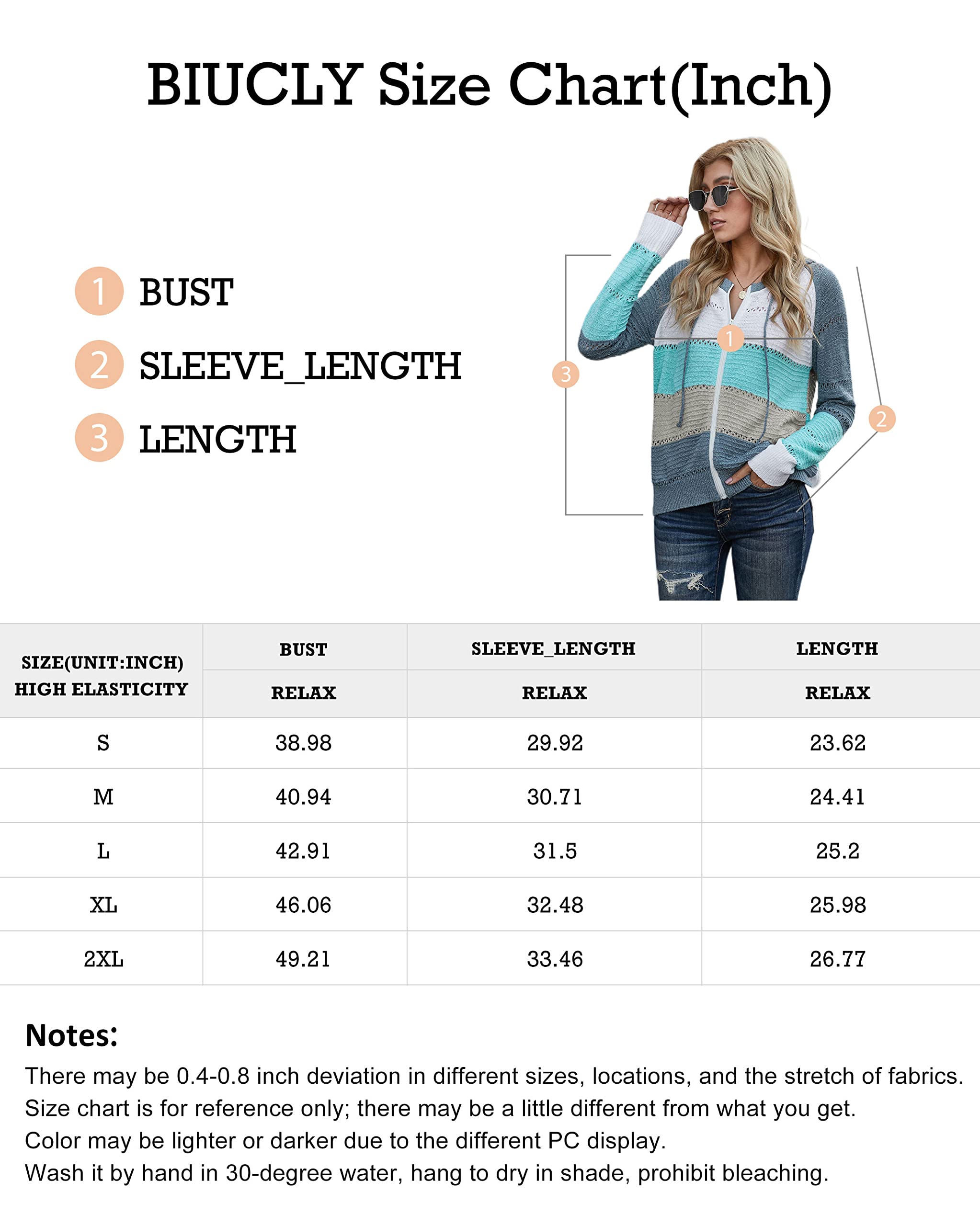 Biucly Womens Stripes Color Block Knit Sweater Zip Up Hoodies Long Sleeve Lightweight Drawstring Jacket Pullover Sweatshirts Sweaters Fall Winter 2022,US 8-10(M),Sky Blue