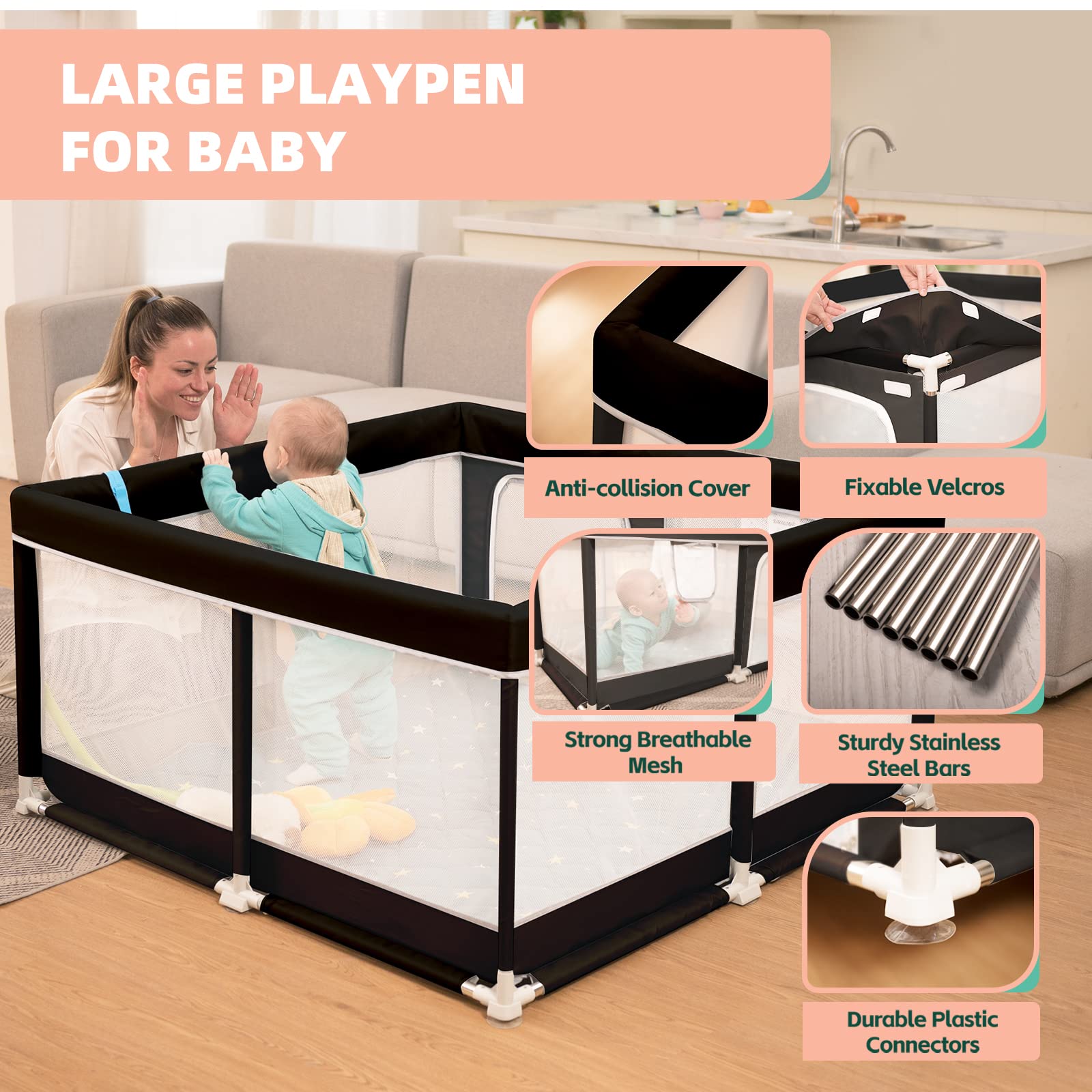 Baby Playpen with Mat, Baby Playyard with Mat 2.2lb Thicker Cotton Play Mat, Easy to Install Playyard with Mat, Sturdy Playpen with 0.2IN Protection Cover, Storage Bag,4 Pull Rings