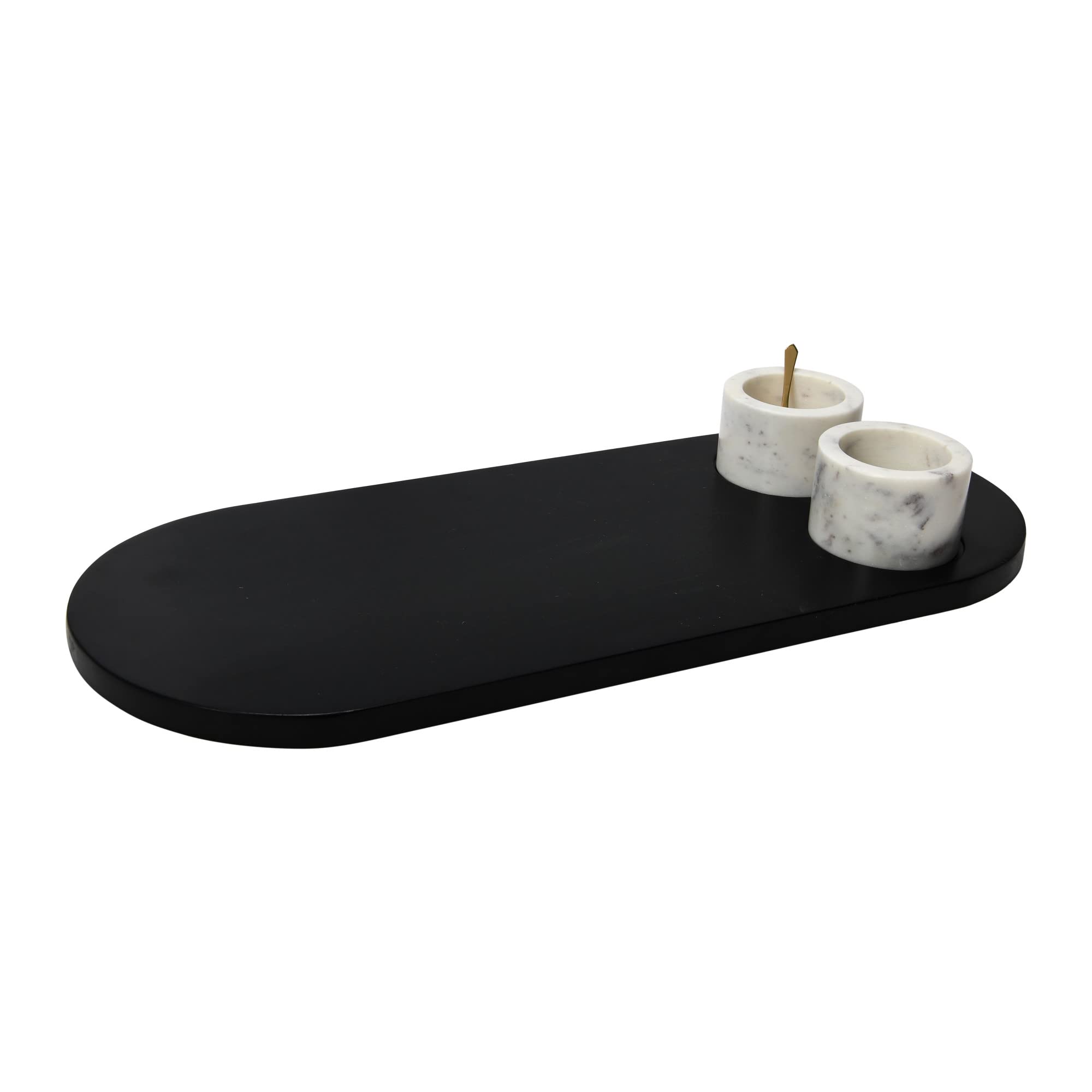 Bloomingville Bloomingville Mango Wood Tray with 2 Marble Bowls and Gold Finish Stainless Steel Spoon, Set of 4
