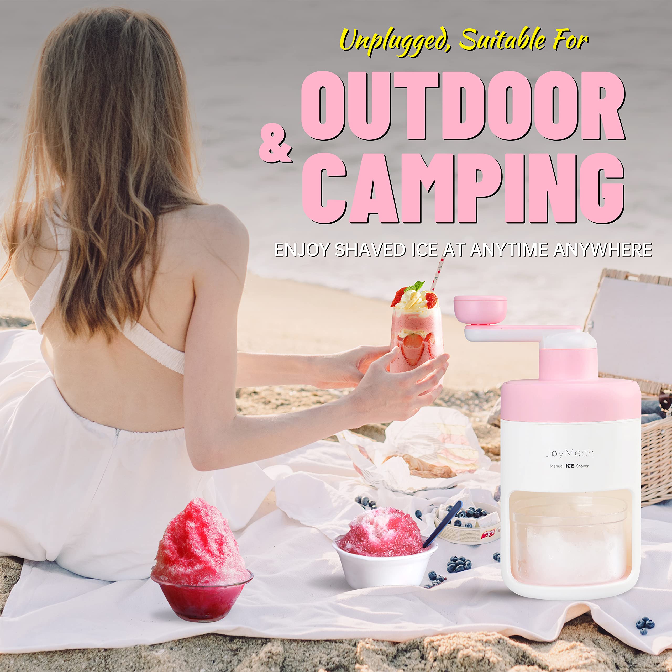 JoyMech Manual Shaved Ice Maker Machine Set with 10 Cardboard Cones, 10 Slushy Straws and 3 Ice Trays, Instant Ice Shaver, Snow Cone Machine, Ideal for making Snowcones and Slushy (Pink)