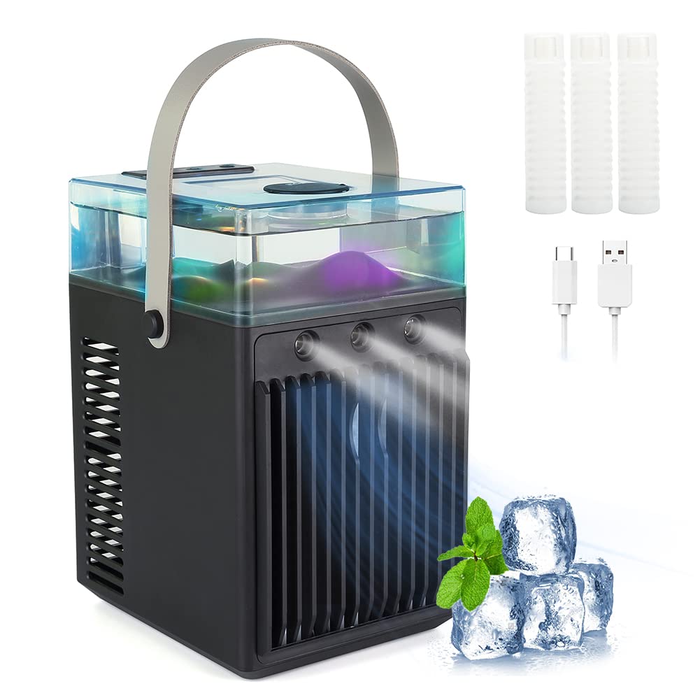 Portable Air Cooler Fan, Evaporative Air Cooler Rechargeable, Personal Air Conditioner with 6 Reusable Ice Boxes, Quiet Desk Fan with Air Humidifier and LED Night Light for Bedroom Camping Trip black-01