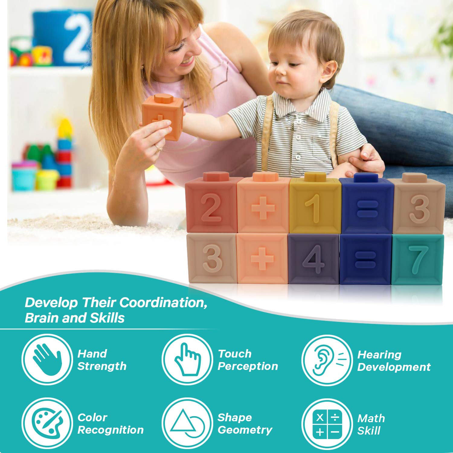 Kcuina Baby Blocks, 12 pc - Soft Stacking Building Blocks - Toy 6 to 12 Months Toddlers Boys & Girls- Squeeze & Play - Educational Toy for 6 Months and Up - Numbers, Animals, and Textures