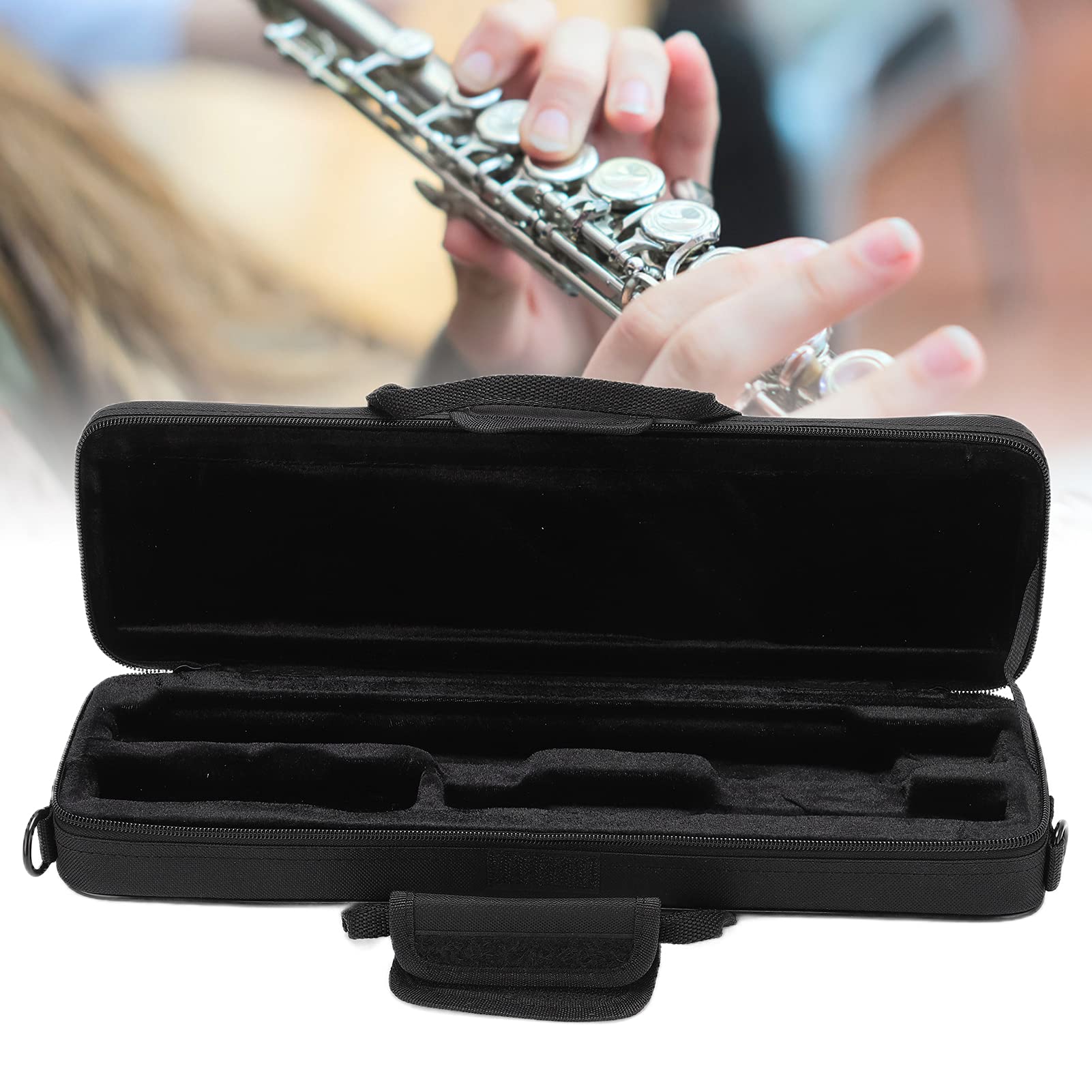Flute Carry Case with Adjustable Strap and Handle - Padded Instrument Case for 16-Hole Flute - Exterior Pocket (Black)