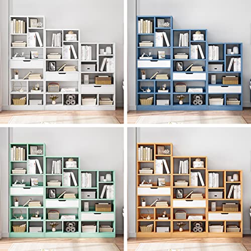IOTXY Wooden Open Shelf Bookcase - 71 Inches Tall Freestanding Display Storage Cabinet Organizer with 10 Cubes and a Drawer, Floor Standing Bookshelf in Bright Blue