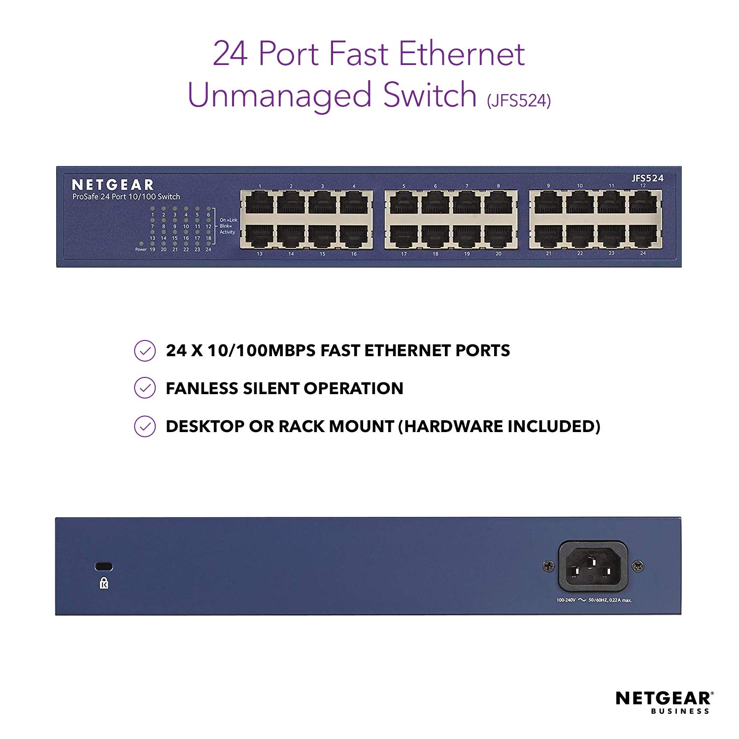 NETGEAR 24-Port Fast Ethernet 10/100 Unmanaged Switch (JFS524) - Desktop/Rackmount, and ProSAFE Limited Lifetime Protection
