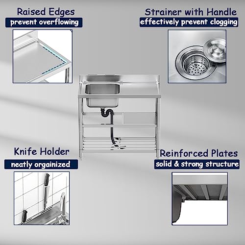IOXGSGI Free Standing Stainless-Steel Single Bowl Commercial Restaurant Kitchen Sink Set W/Faucet & Drainboard, Prep & Utility Washing Hand Basin Wwworkbench & Double Storage Shelves (39.5In)