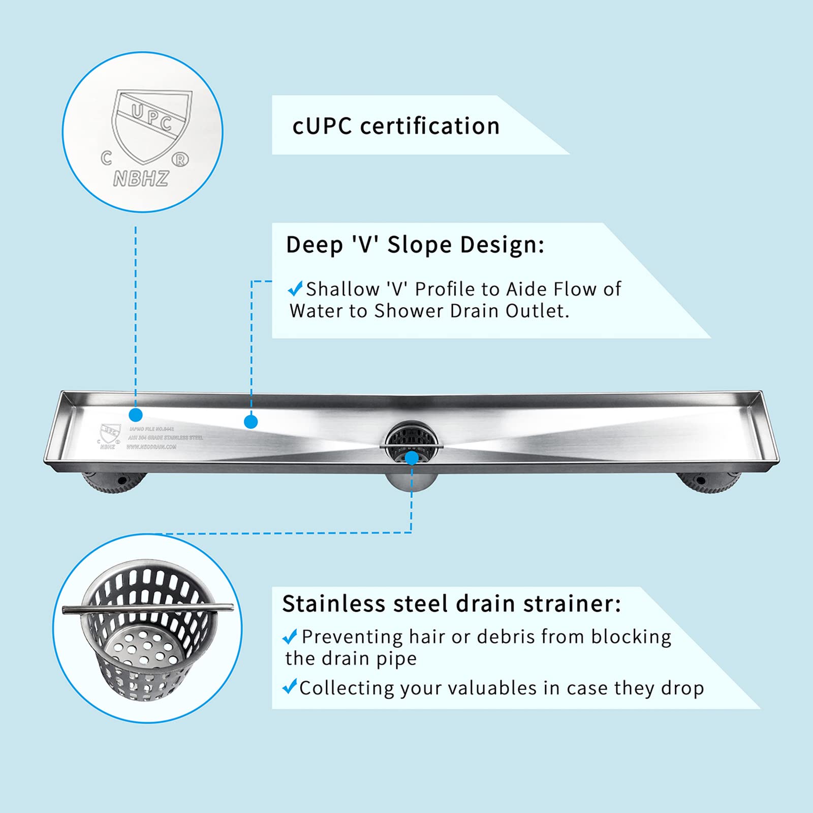 Neodrain 42-Inch Linear Shower Drain with Tile Insert Grate, Professional Brushed 304 Stainless Steel Rectangle Shower Floor Drain Manufacturer, Linear Drain with Leveling Feet, Hair Strainer