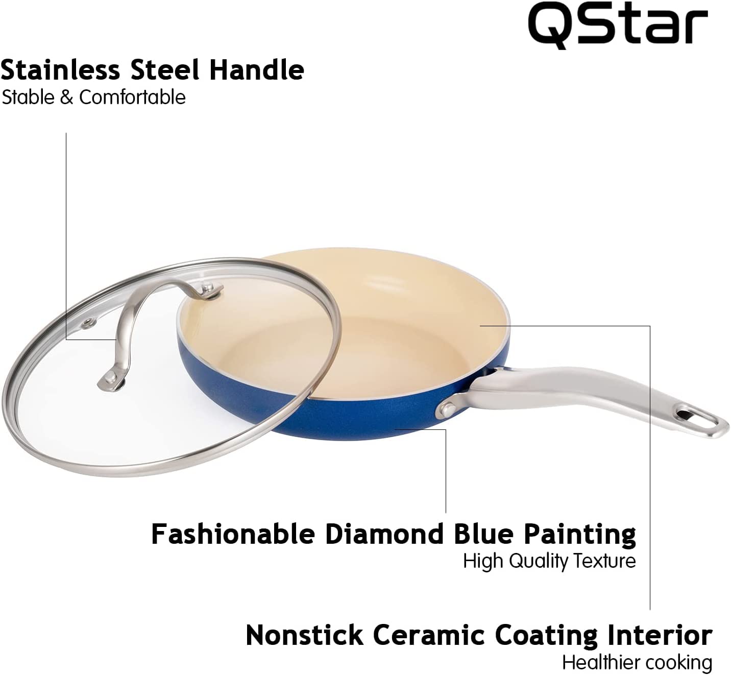 Qstar 10 inch Ceramic Nonstick Frying Saute Pan in Sapphire Blue with Lid and Stainless Steel Handle