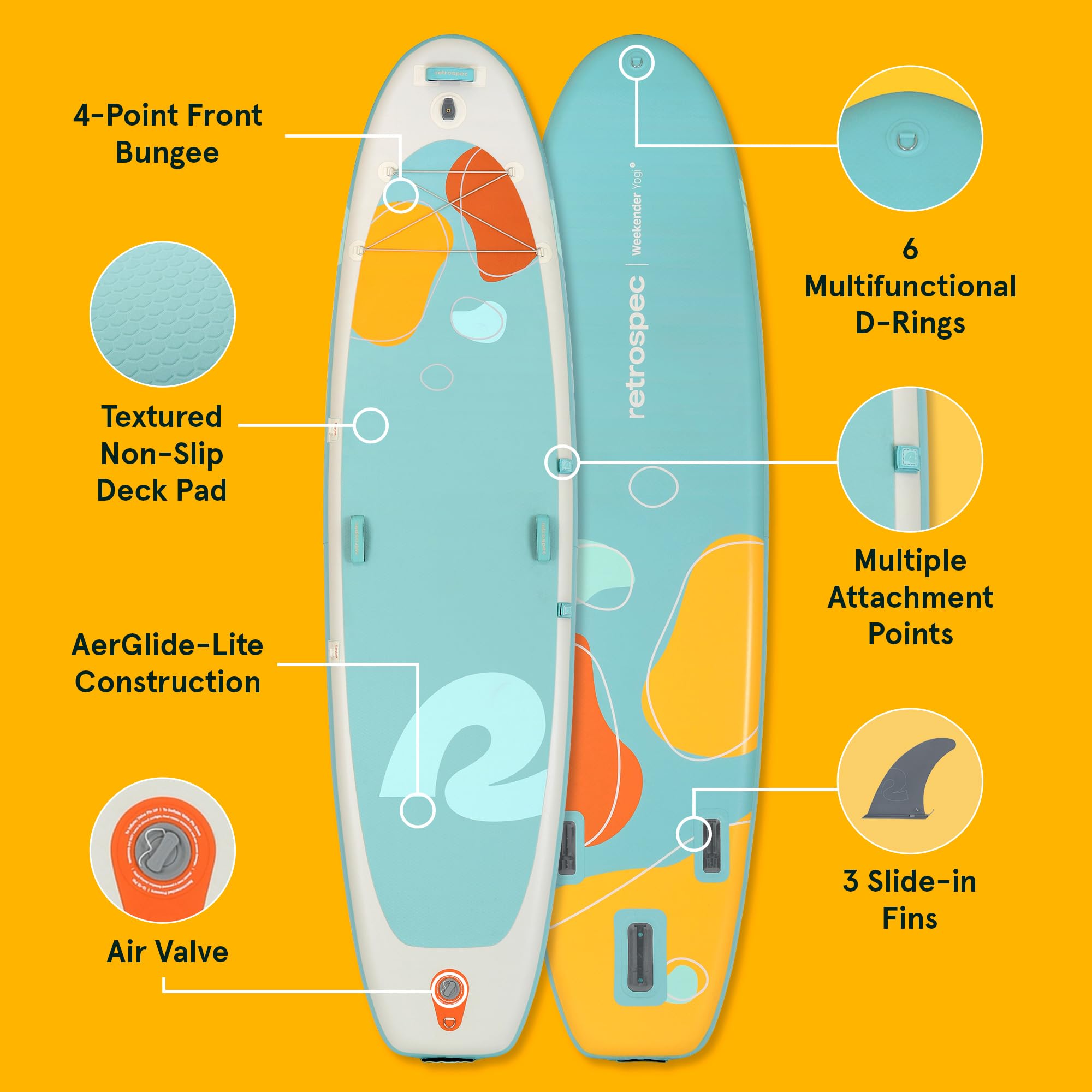 Retrospec Weekender-Yogi 10' Extra Wide Inflatable Stand Up Paddleboard iSUP Bundle w/ paddle board carrying case, aluminum paddle, removable fins, pump & phone case