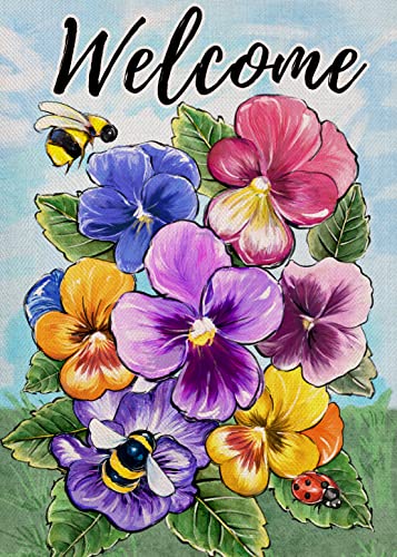 Covido Welcome Spring Summer Pansy Flower Decorative Garden Flag, Floral Yard Outside Decorations, Summer Farmhouse Outdoor Small Home Decor Double Sided 12 x 18