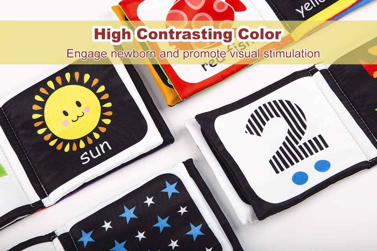 Baby First Soft Activity Cloth Book Set, High Contrast Black and White Interactive Crinkle Soft Book Bundle for Infant, Baby Early Education for Brain Development with Numbers, Words, Shapes, Colors