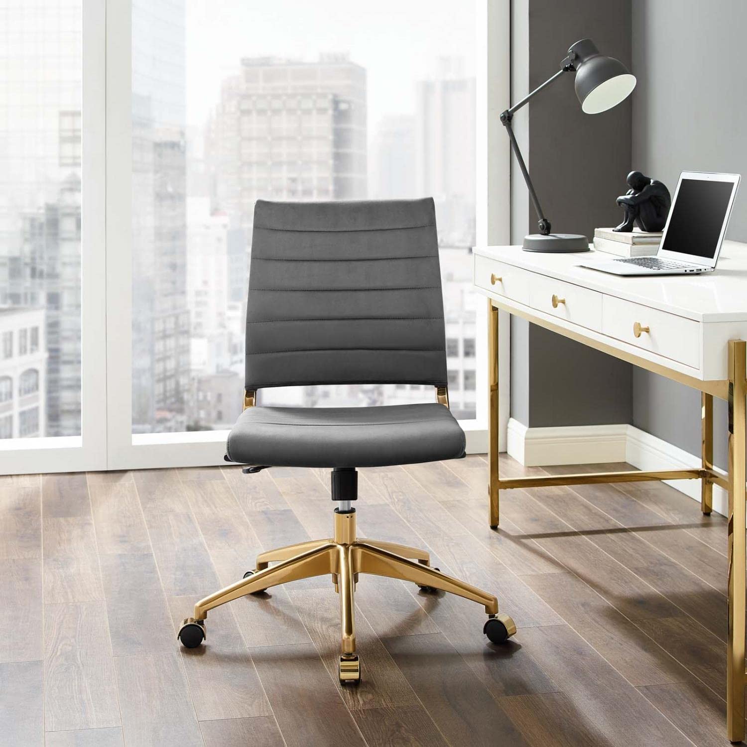 Modway Jive Ribbed Performance Velvet Mid Back Armless Computer Desk Swivel Office Chair in Gray