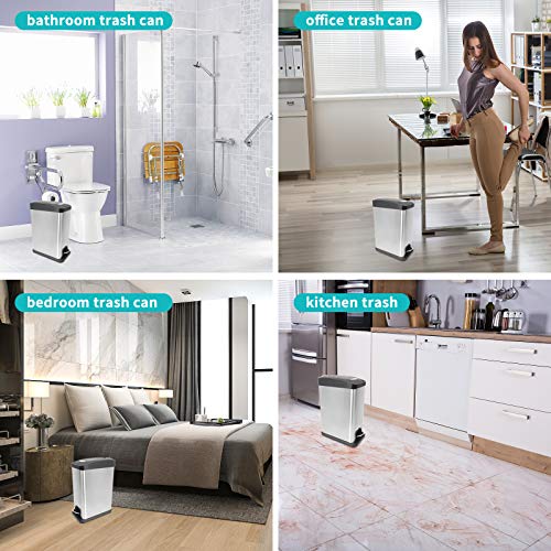 CTETC Slim Small Trash Can with Lid Soft Close and Removable Inner Wastebasket, Rectangular Narrow Stainless Steel Trash Can for Bathroom Bedroom Office, Anti-Fingerprint Brushed Finish, 2.1Gal/8L