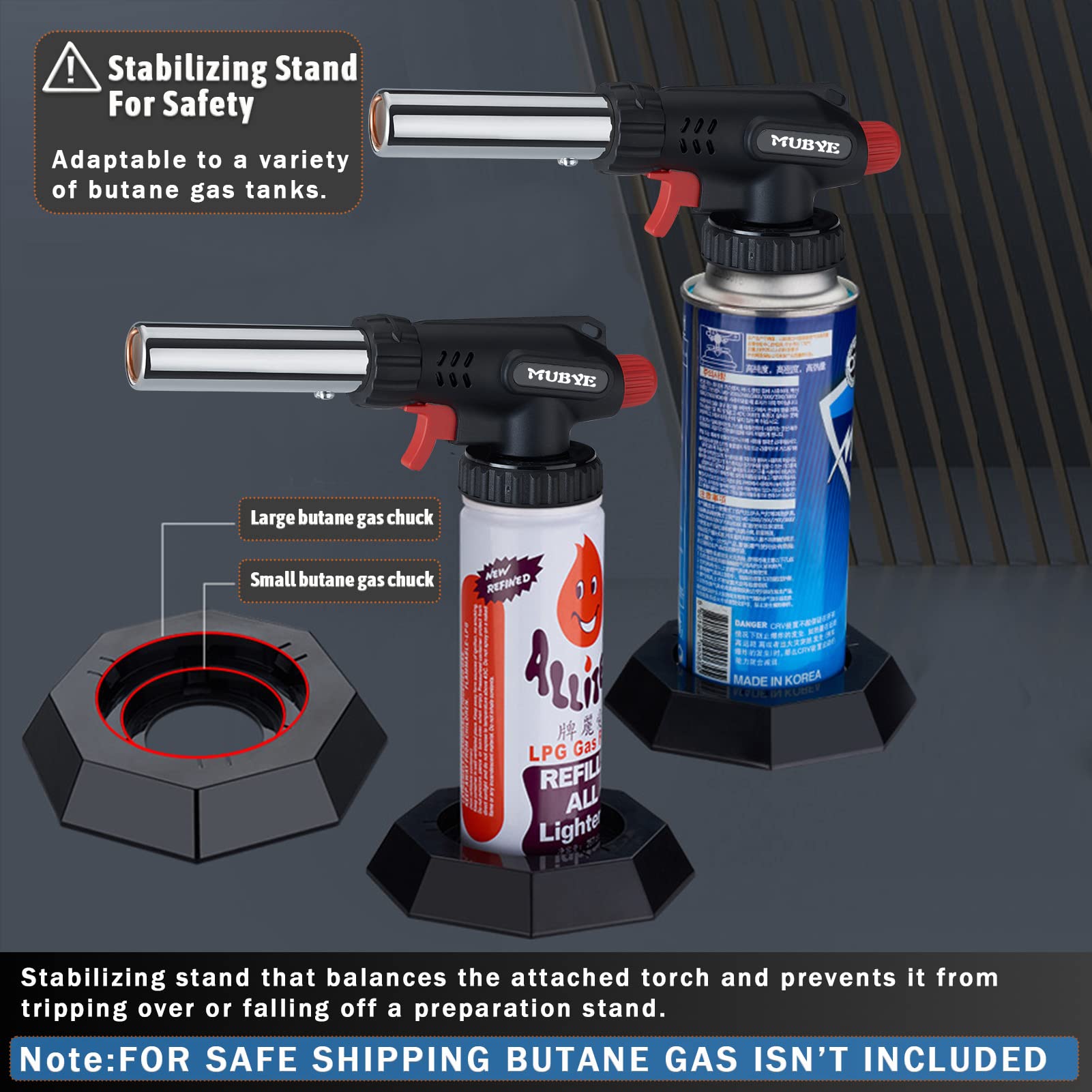 Butane Torch Kitchen Blow Lighter, Upgrade Culinary Torches Head with Stabilizing Stand, Professional Adjustable Flame for Creme Brulee,Baking,BBQ (Fits ALL Butane Tanks - Butane Fuel Not Included)