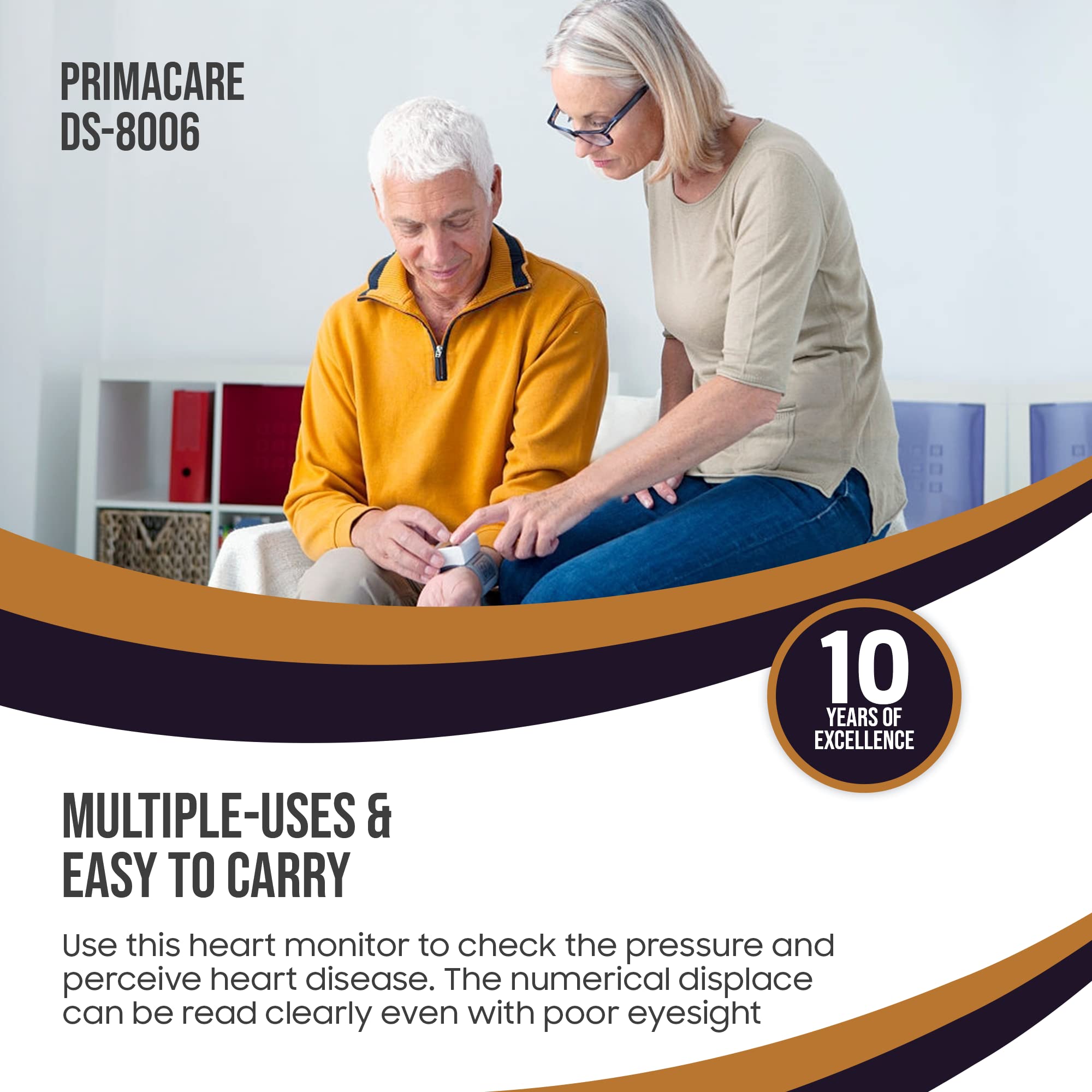 Primacare DS-8006 Wrist Blood Pressure Digital Heartbeat Monitor, BP Cuff Portable Plastic Case, Battery Operated, 2 Sets of 90 Memory