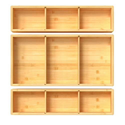 DUJEN Bamboo Drawer Organizer Box 12'' X 12'' X 2' Adjustable 3 Individual Storage Containers Organizer for Kitchen, Bathroom, Office Desk, Makeup,Vanity, Dresser, Pantry