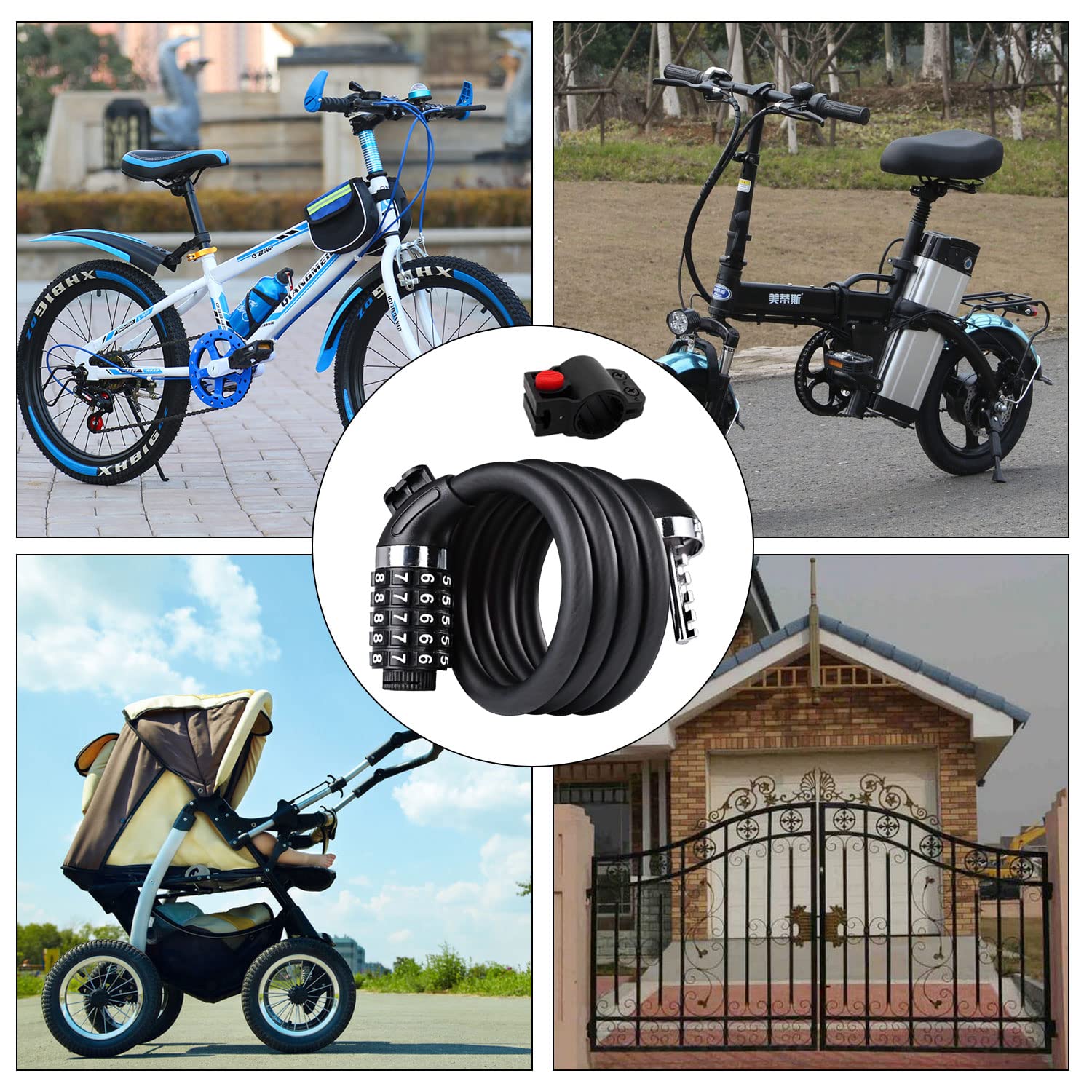 Bike Lock Cable with Combination with Mounting Bracket 5-Digit Password Setting Safe Portable Bicycle Anti-Theft Wire Chain 4ft Combination Lock Universal for Mountain Bike Motorcycle Baby Carriage