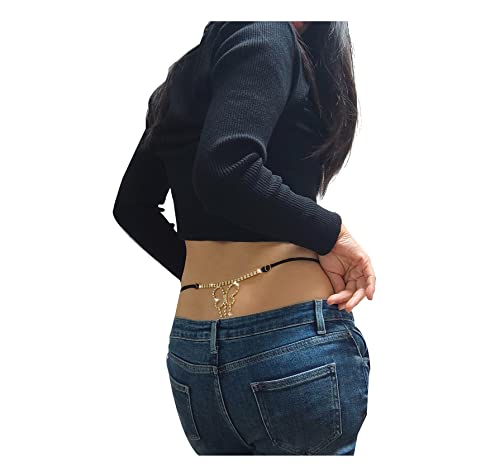 Eyraevor Women Sexy Crystal G-string Thong Rhinestone T Back Belly Waist Chain Underpants Mini Underwear Body Jewerly (Butterfly-Gold)