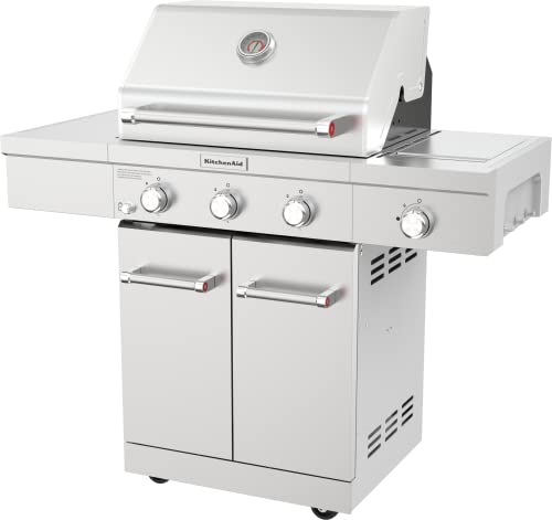 KitchenAid 3-Burner 51,000 BTU Stainless Steel Propane Gas Grill with Infrared Side Burner and Cabinet