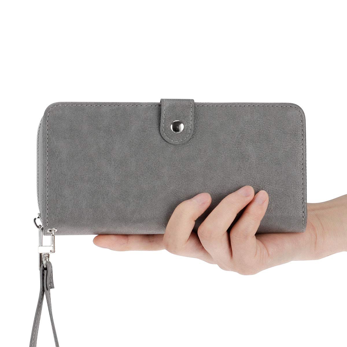 HAWEE Wristlet Wallet Long for Women Multi Card Holder Hand Phone Purse with Strap, Grey