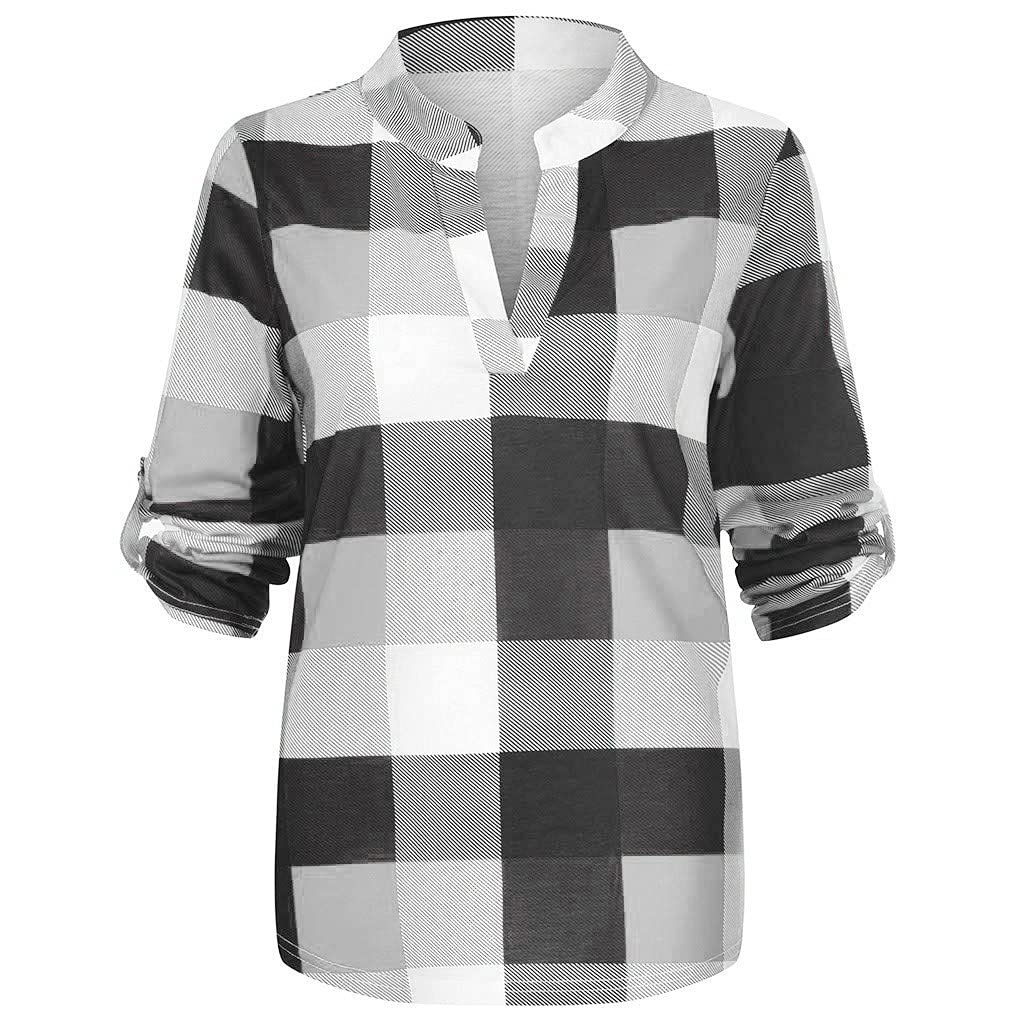 YAnGSale Top Casual Plaid Blouse Women Cotton Sweatshirt Long Sleeve Shirts Women's V-Neck Fall Sweaters Pullover Tops White