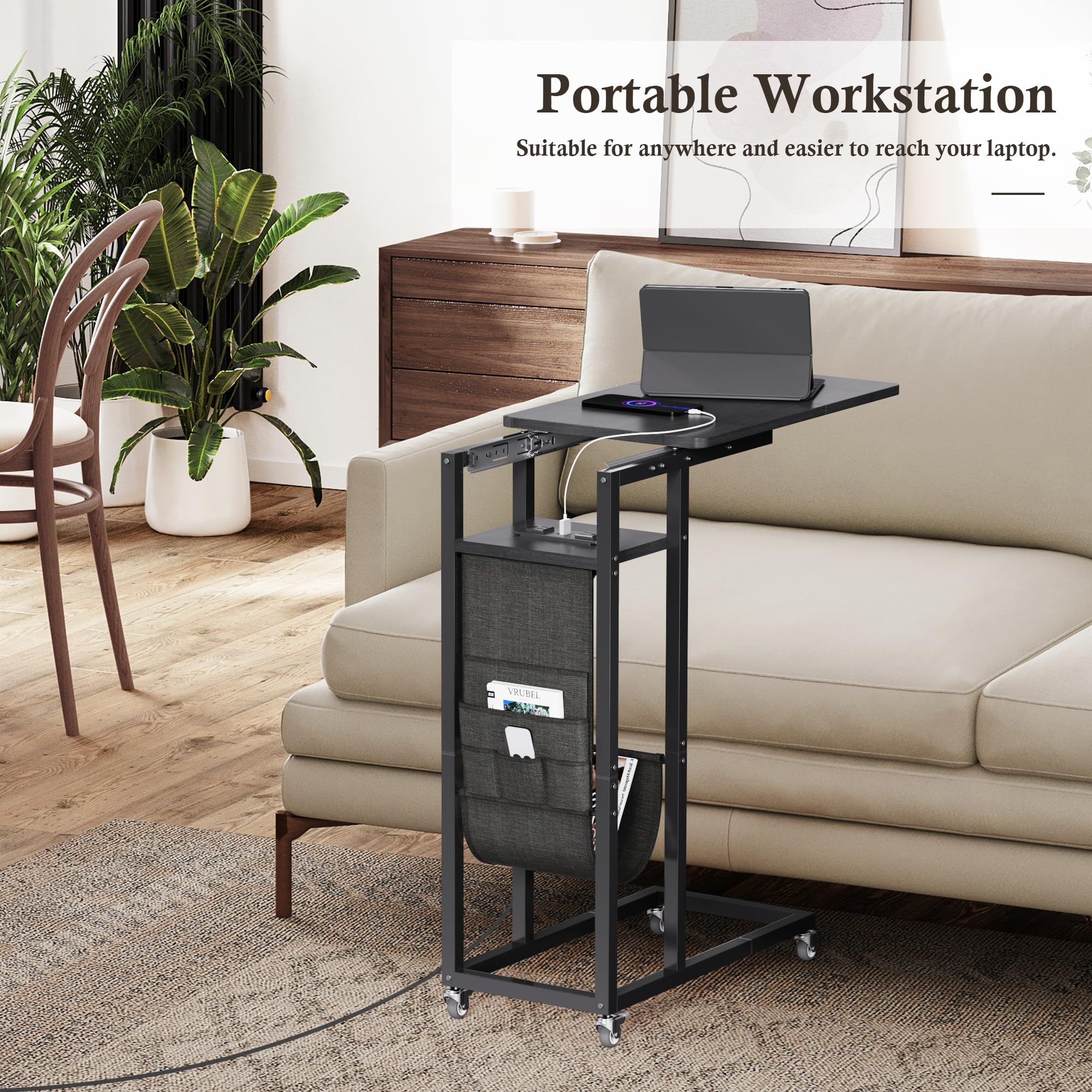 Colima C Shaped Slide Cover End Table with Charging Station, Narrow Sofa Side Table with USB Port and Wheels, Couch Table Bedside Table with Storage Bags for Office Living Room Bedroom Black